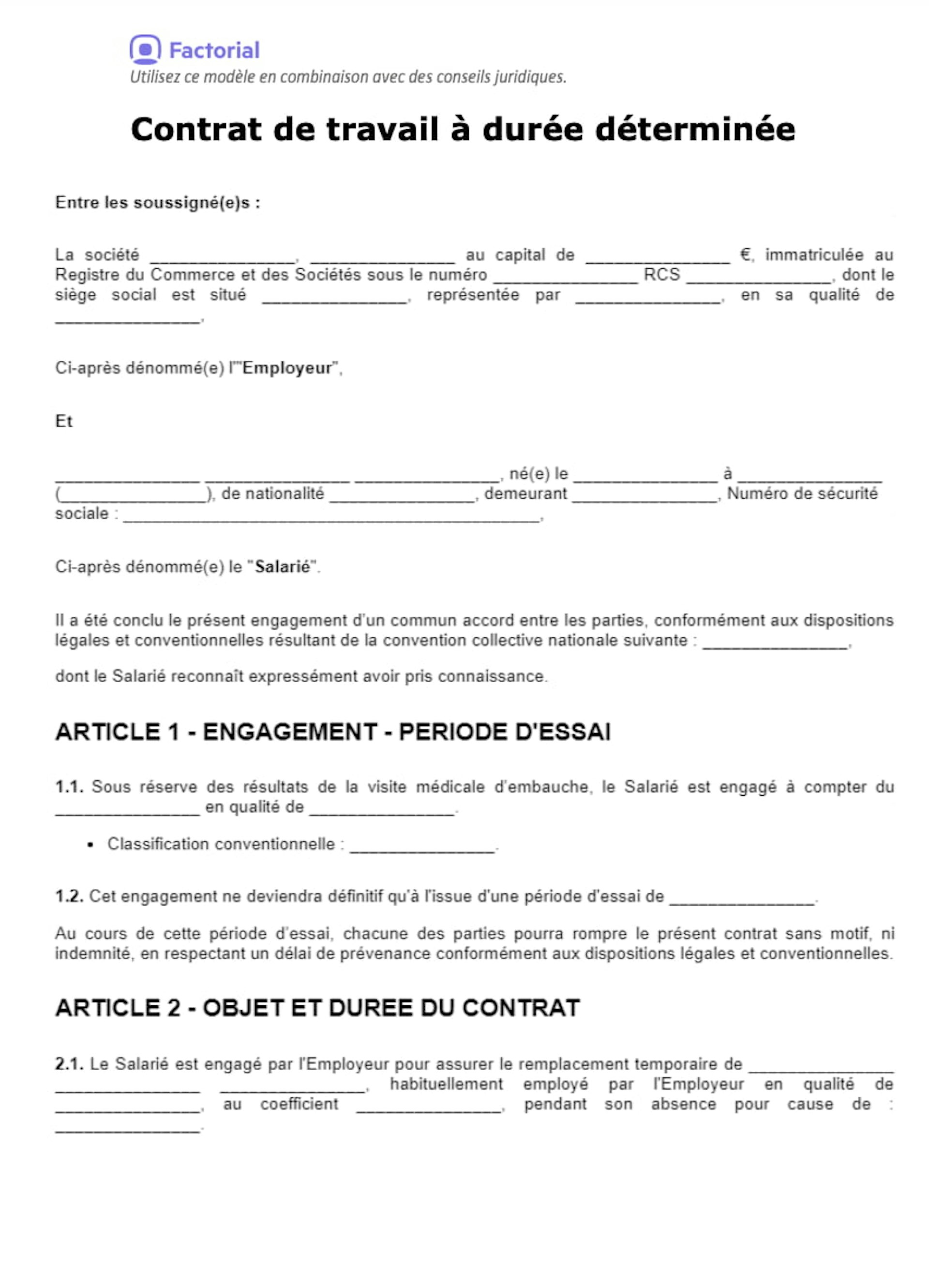 Modèle de contrat CDD - Factorial