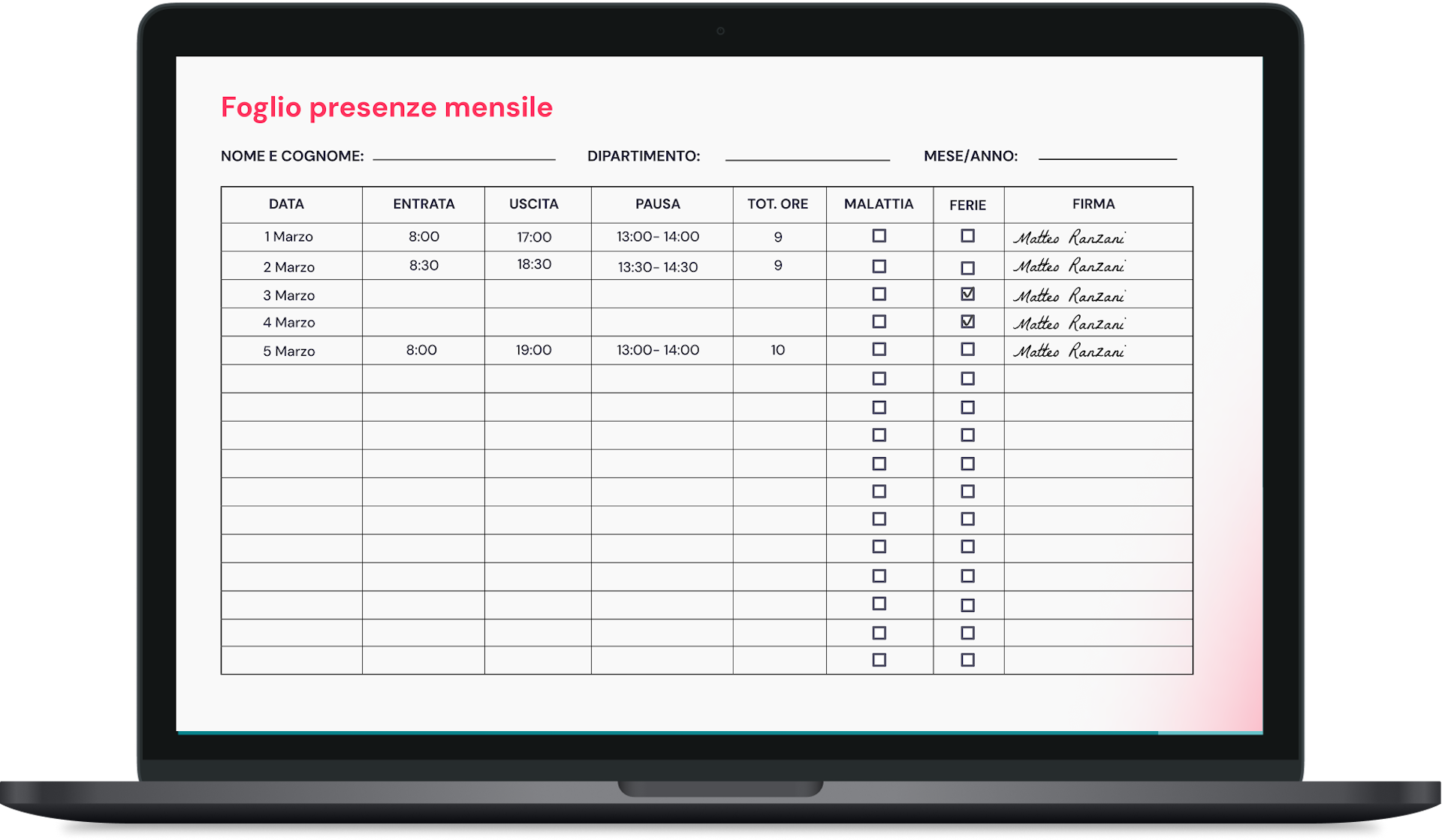 Foglio presenze mensile in PDF | Factorial