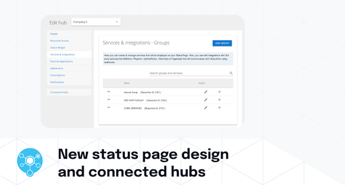 New status page design and connected hubs