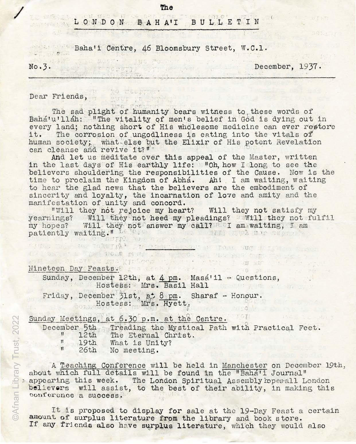 London Bahá'í Bulletin (1937-1966) | Afnan Library