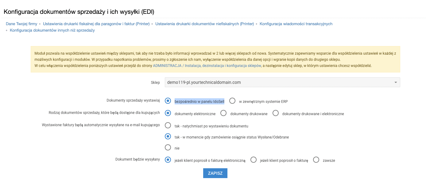 Konfiguracja dokumentów sprzedaży i ich wysyłki (EDI)