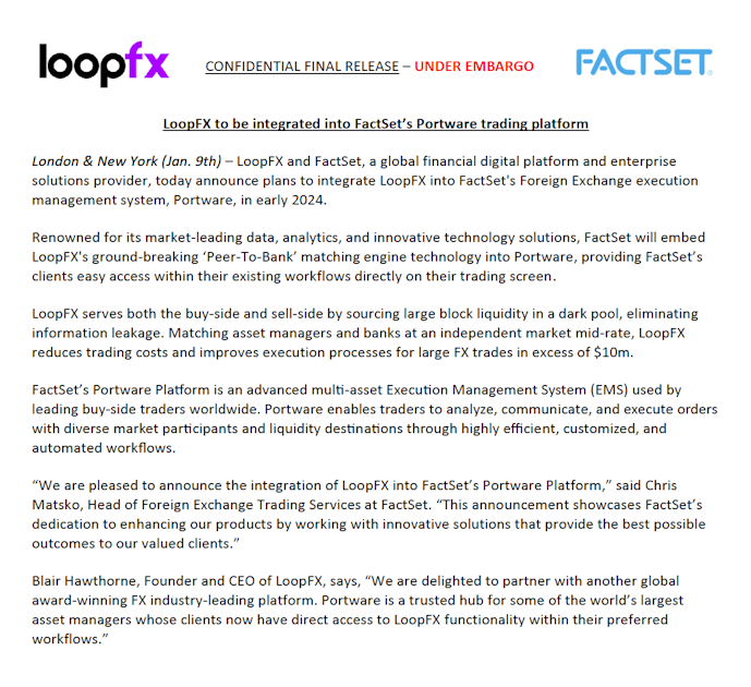 LoopFX | LoopFX to be integrated into FactSet’s Portware trading platform