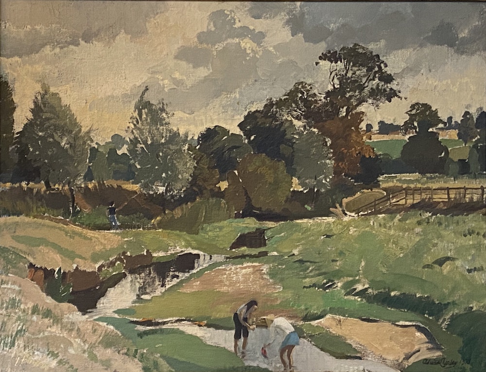 Adrian Chorley - Water meadows below Nayland with figures - Oil on ...