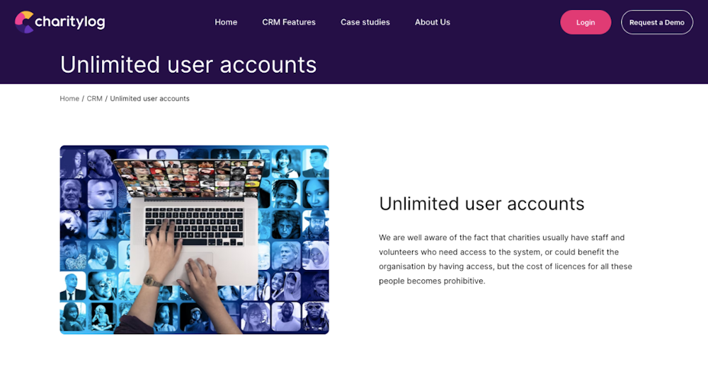 Unlimited user accounts at no extra cost | Charitylog