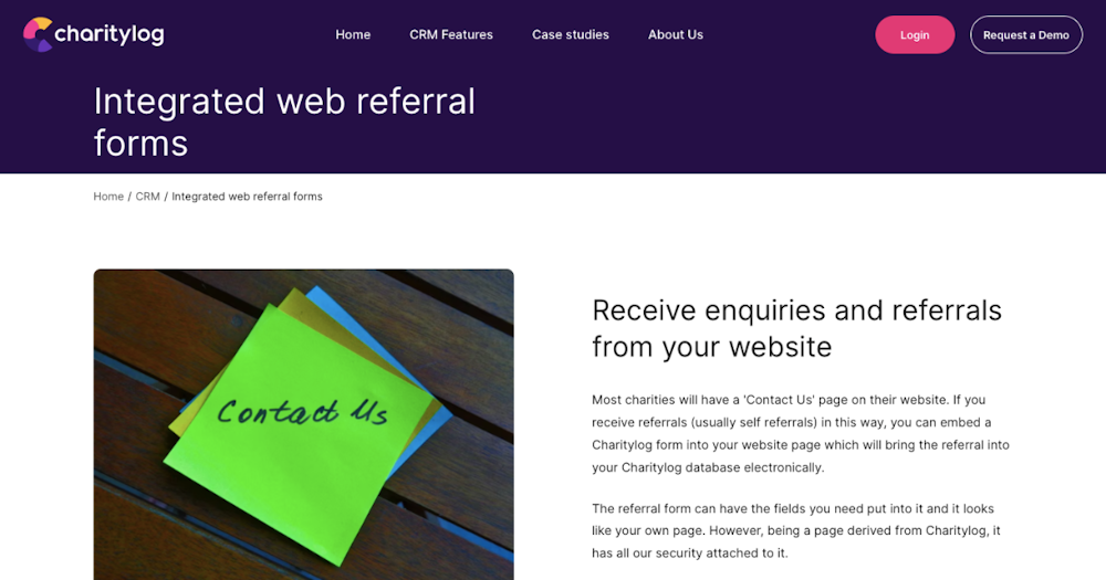 Integrated web referral forms | Charitylog