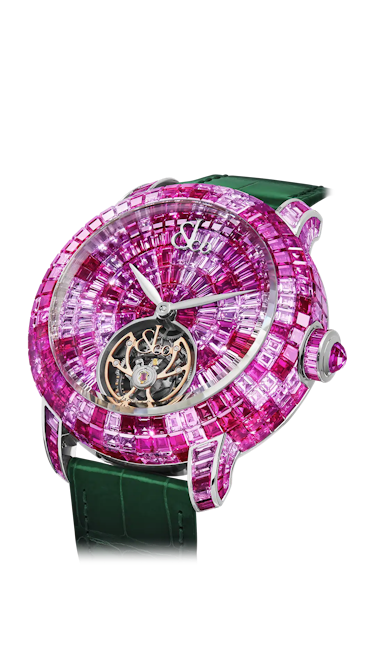 The white gold Caviar Tourbillon, set with baguette-cut, multicolored ...