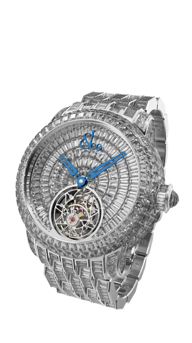 The white gold Caviar Tourbillon, set with baguette-cut diamonds.